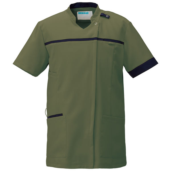 KAZEN 衿付レディススクラブジャケット半袖 カーキ×ネイビー 5L KZN706-49 1枚 スクラブ（直送品） - アスクル