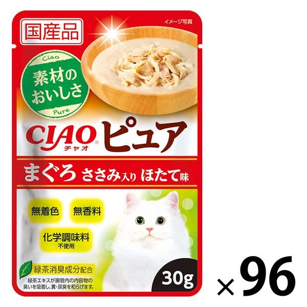 いなば CIAO チャオ ピュア まぐろ ささみ入り ほたて味 国産 30g 96袋 キャットフード ウェット パウチ - アスクル