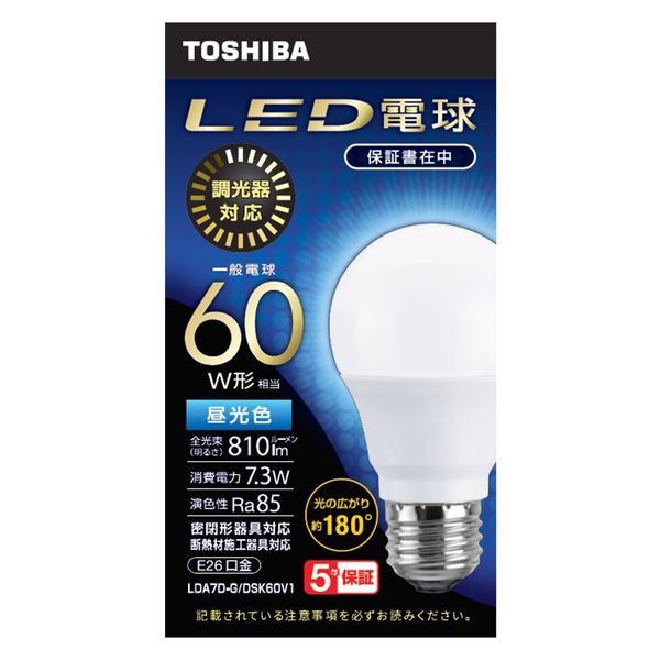LED電球 東芝 E26 60W 昼光色 Ra85 6500K 調光器対応 LDA7D-G/DSK60V1 1個 - アスクル