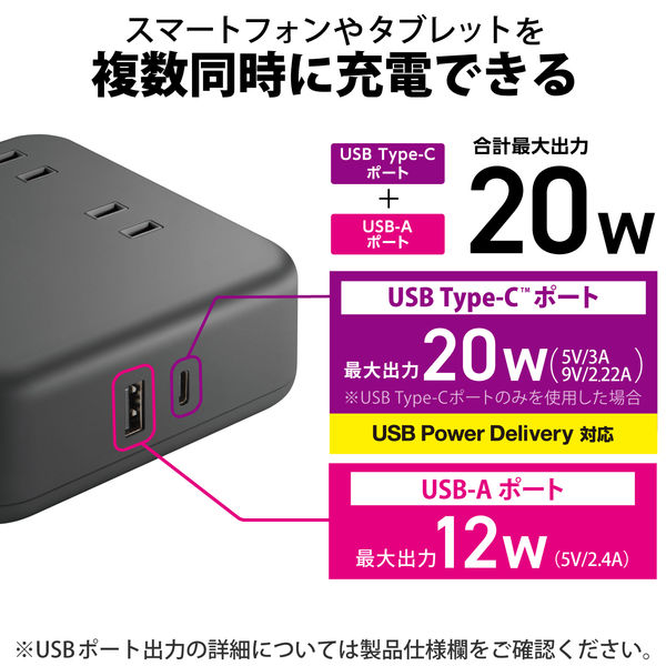 電源タップ USBタップ 1m コンセント 4個口 USB-C×1 A×1 雷 電源タップ USBタップ 1m コンセント 4個口 USB-C×1 A×1 雷