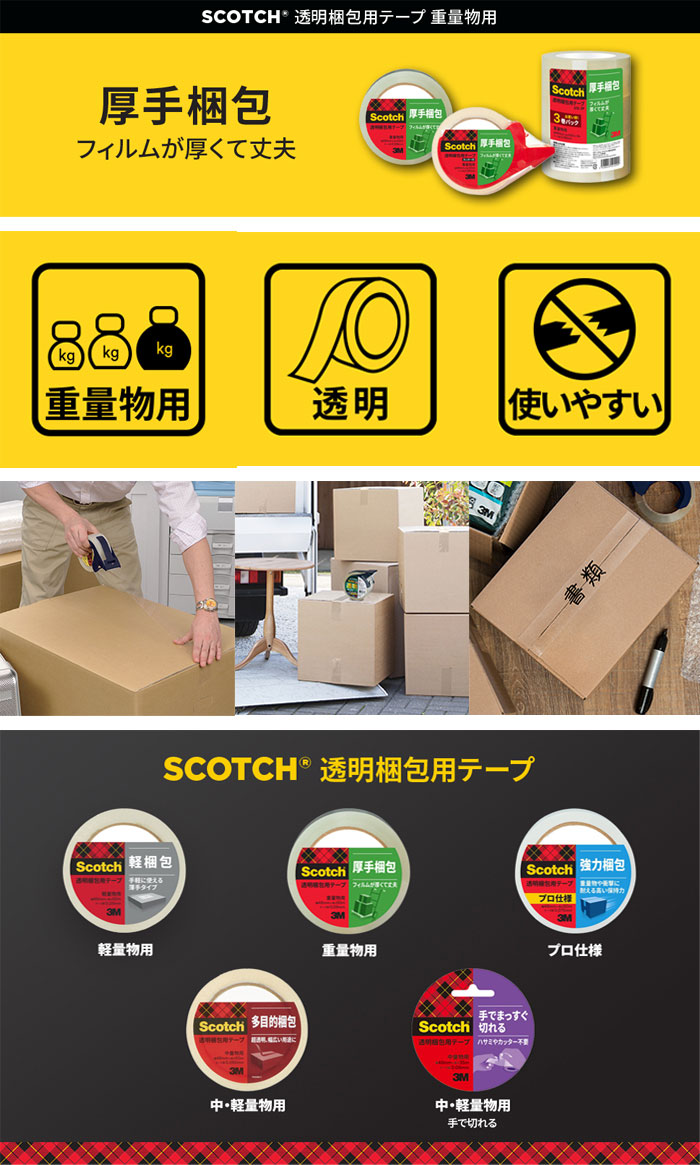 スリーエム(3M) スコッチ 透明梱包用テープ OPP カッター付 重量物 0.09mm厚 補修 幅48mm×長さ50m 5巻 315DSN - アスクル